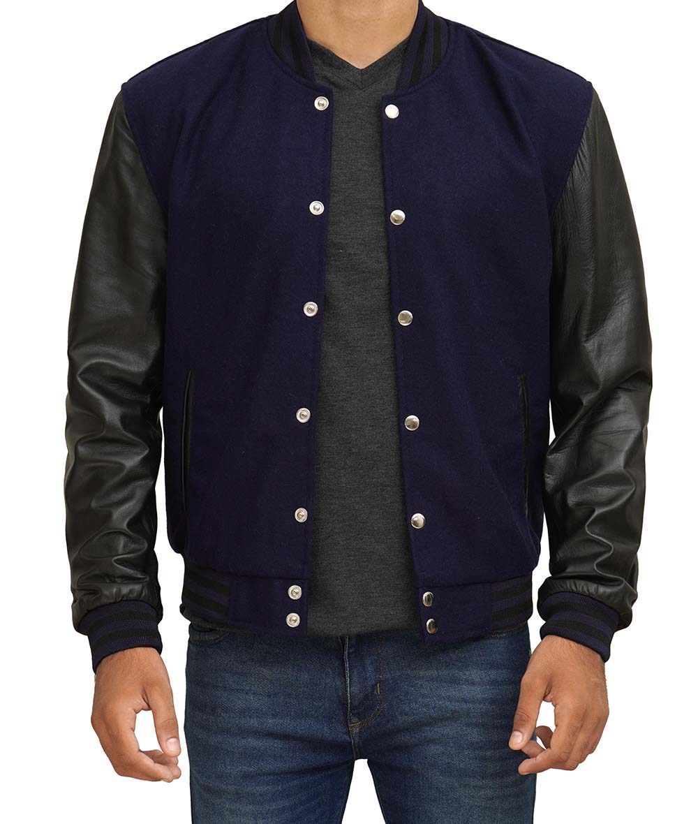 Navy Blue Varsity Jacket With Black Leather Sleeves | MK Jackets