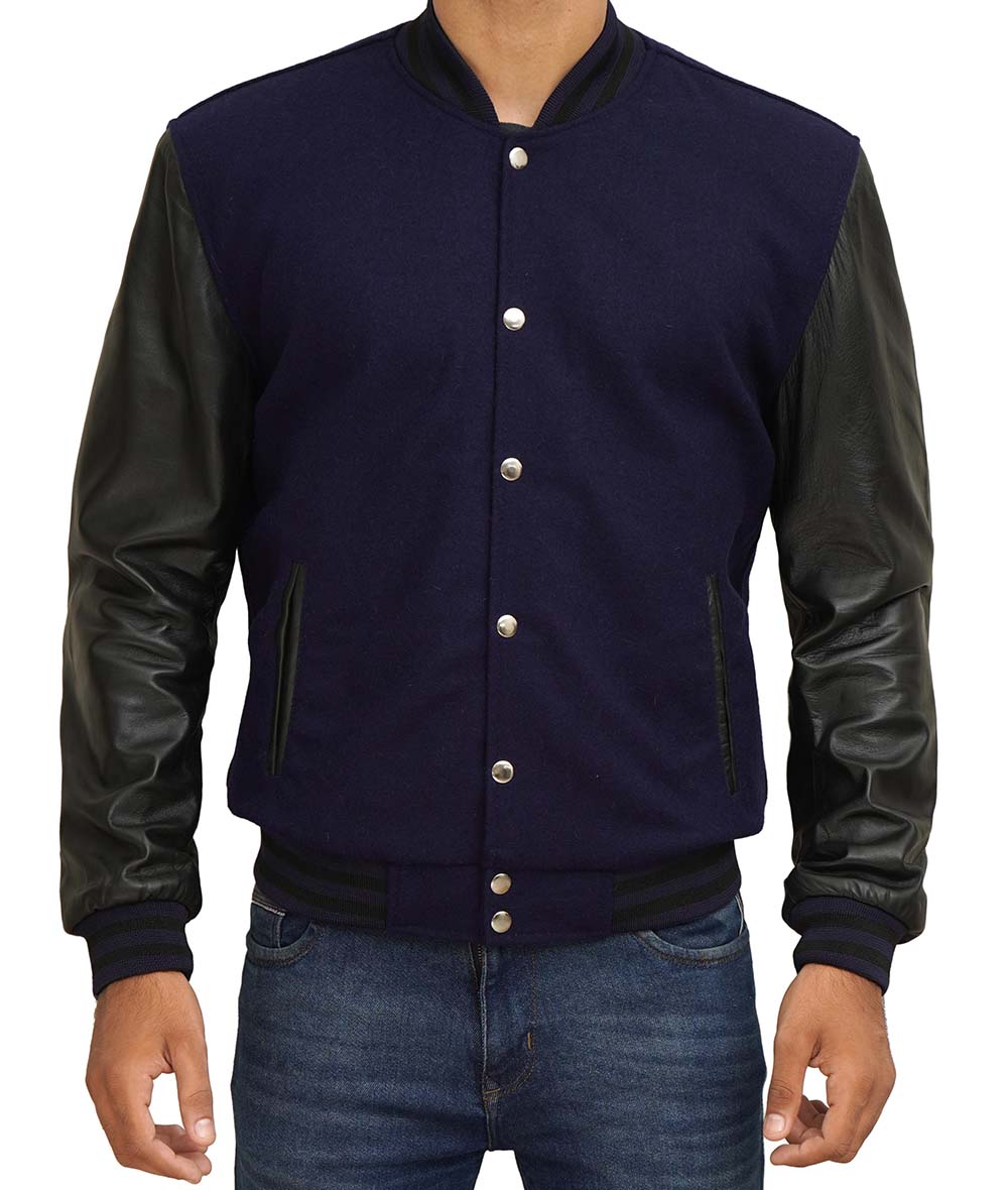 Navy Blue Varsity Jacket With Black Leather Sleeves | MK Jackets