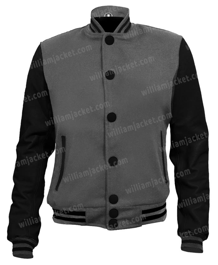 Mens College Button Up Grey Letterman Bomber Jacket | MK Jackets